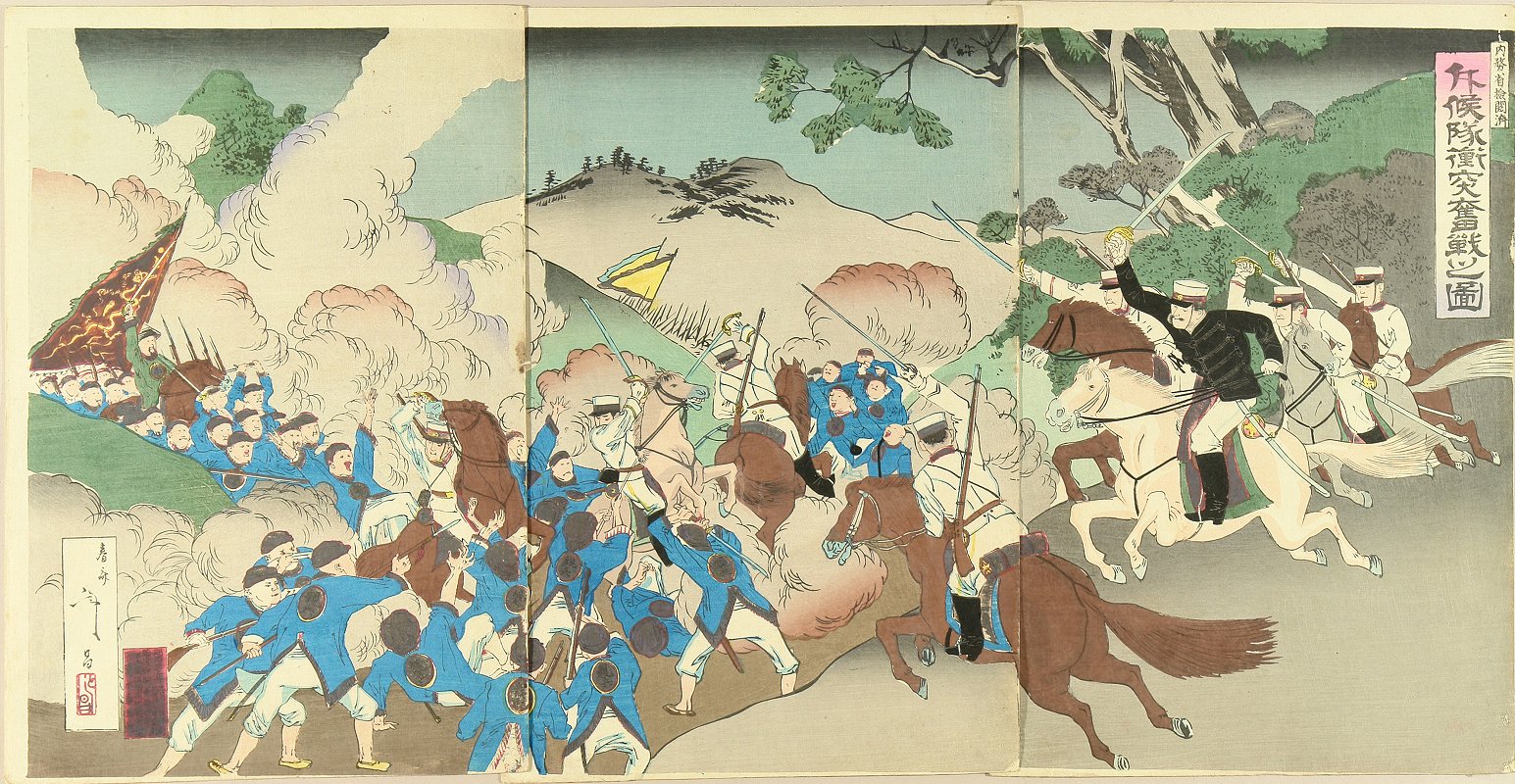 TOSHIMASA A scene of Shino-Japanese war, triptych | Japanese Ukiyo-e ...