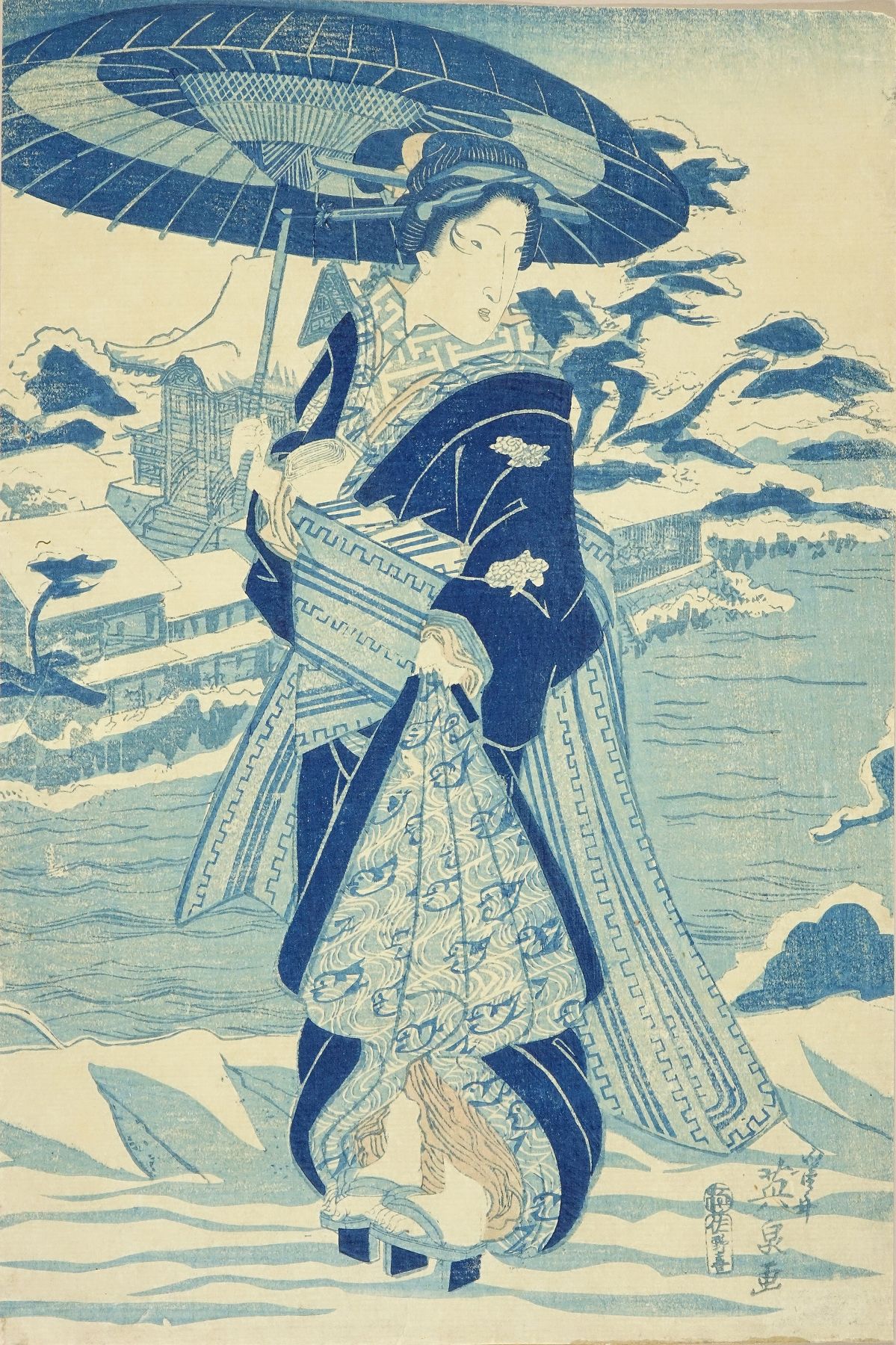 EISEN Aizuri-e (Blue printed picture) of a beauty holding un umbrella ...