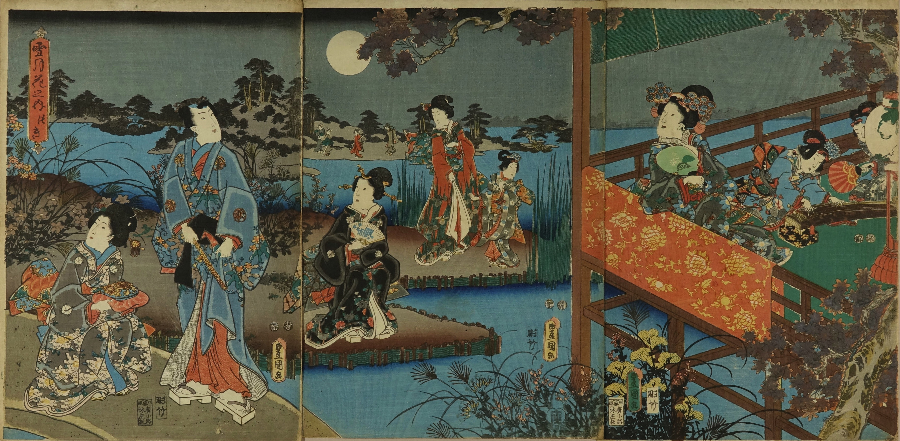 TOYOKUNI III Genji and beauties in a moonlit garden, titled Tsuki (Moon ...