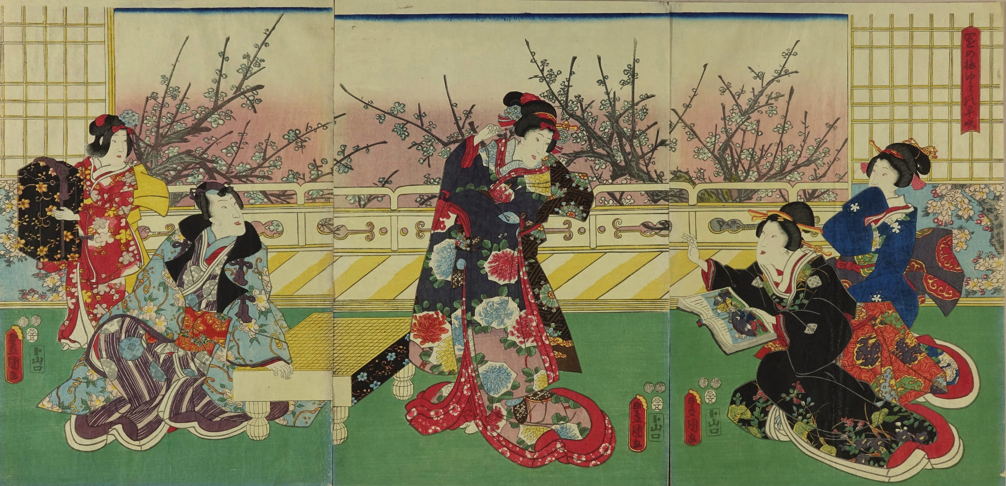 TOYOKUNI III Mitsuuji and beauties in an interior overlooking plum ...